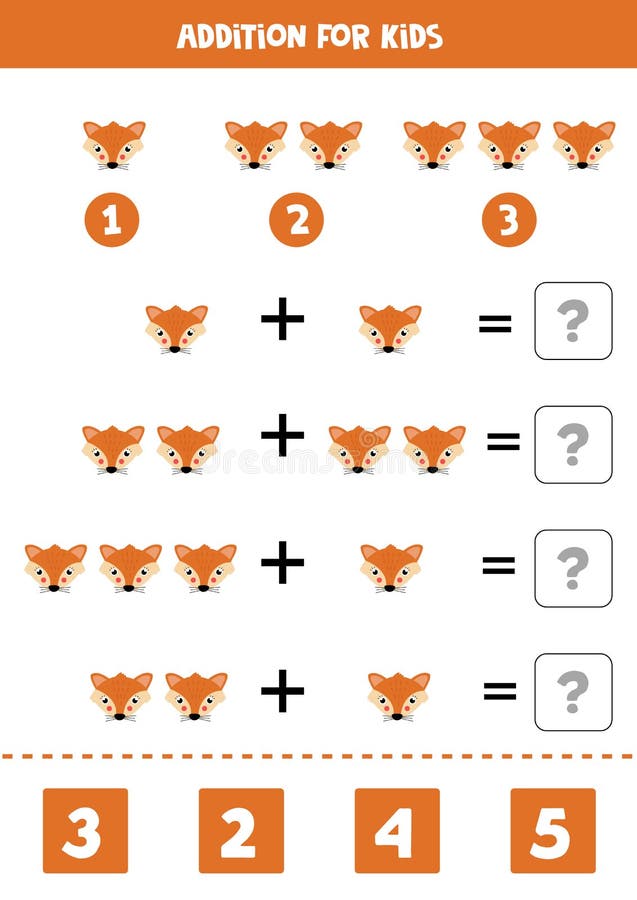 Addition Worksheet with Cartoon Fox Face. Math Game. Stock Vector ...
