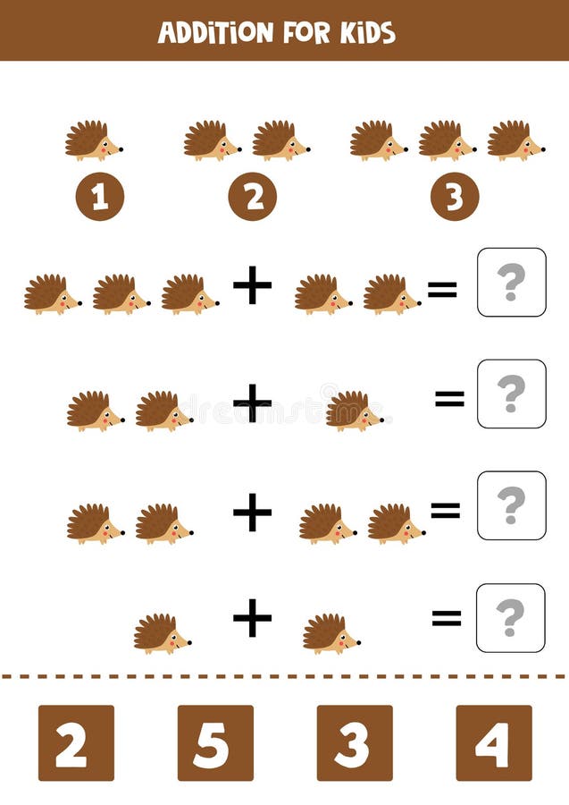 Addition Worksheet with Cartoon Hedgehog. Math Game. Stock Vector ...