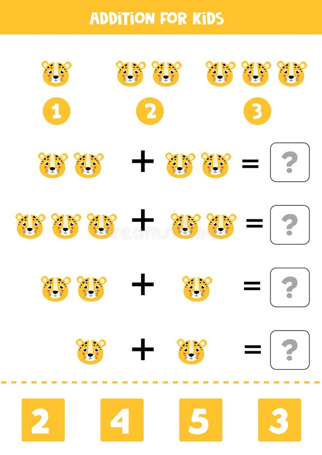Addition Worksheet with Cartoon Leopard Face. Math Game. Stock Vector ...