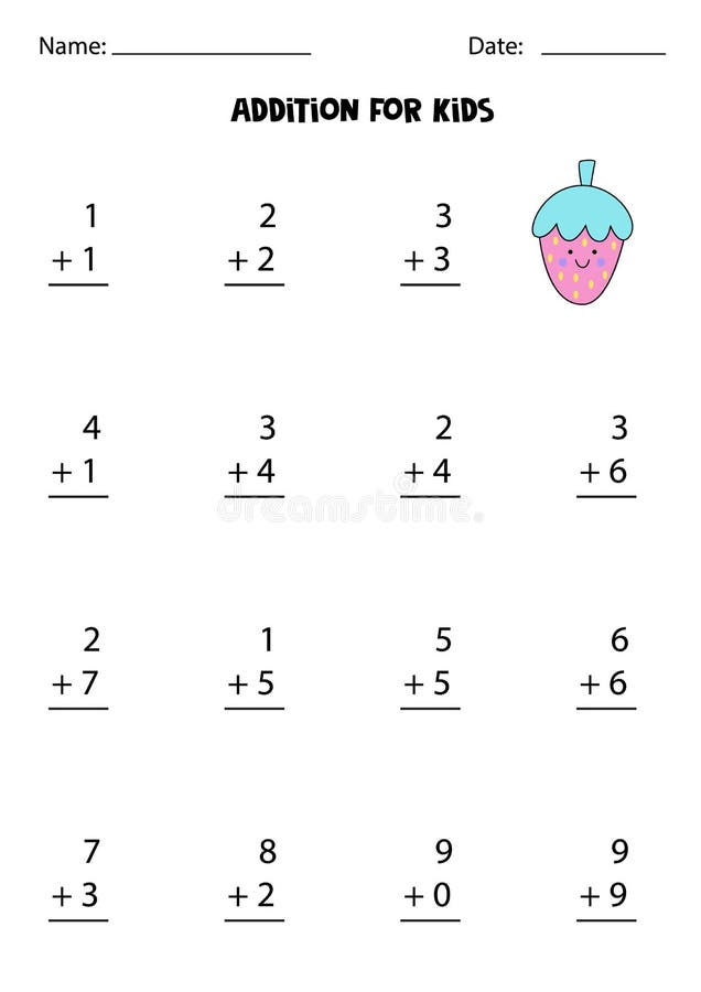 Addition Worksheet with Cute Kawaii Strawberry. Math Game. Stock Vector ...