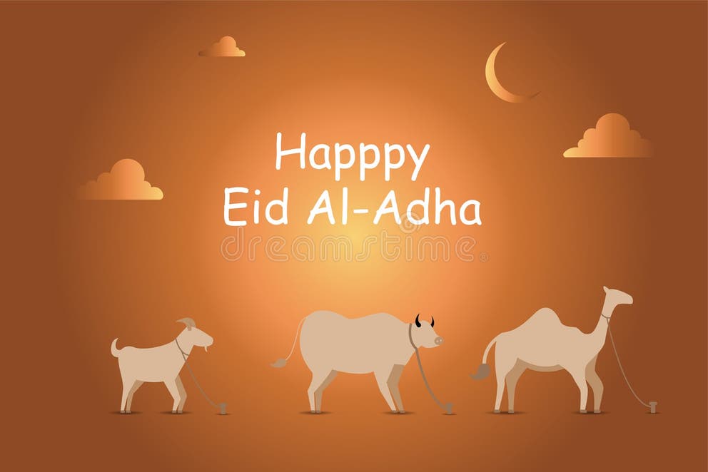 Happy Eid Al Adha Elements with Goats, Sheep, Cows, and Camels Stock ...