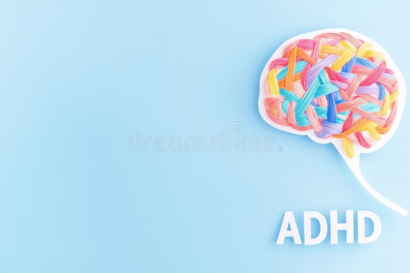 ADHD Concept with Colorful Tangled String Ball on Blue Background Stock ...