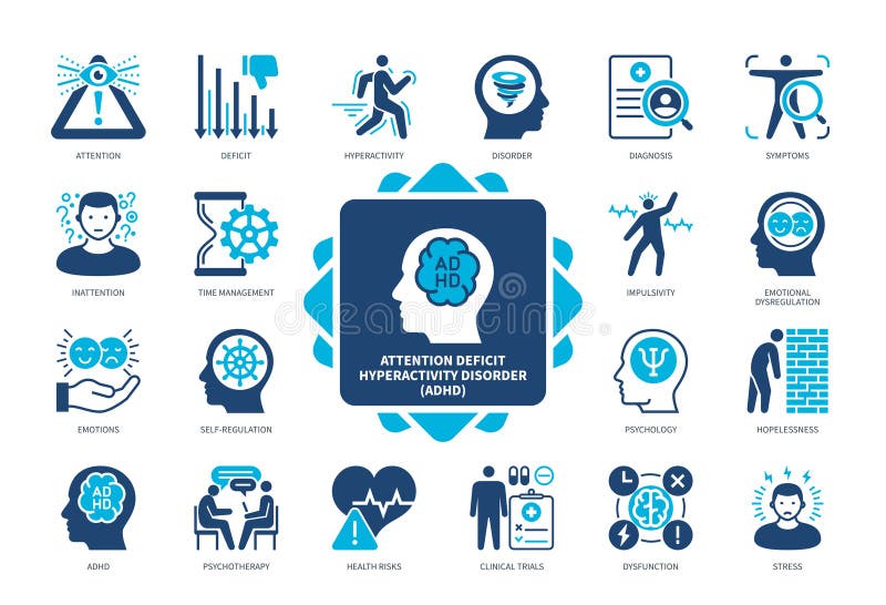 ADHD solid icon set stock illustration. Illustration of communication ...
