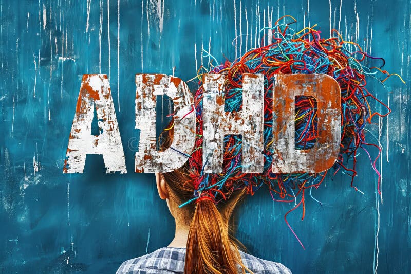 ADHD Text Above Girl S Head Covered with Multicolored Tangled Threads ...