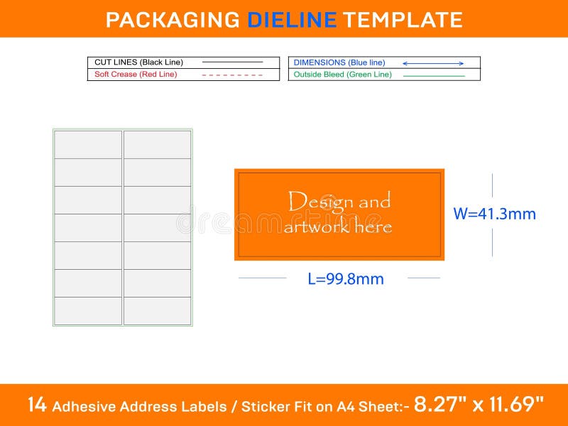 14 Adhesive Address Labels Dieline Template 99.8 X 4 Stock Vector ...