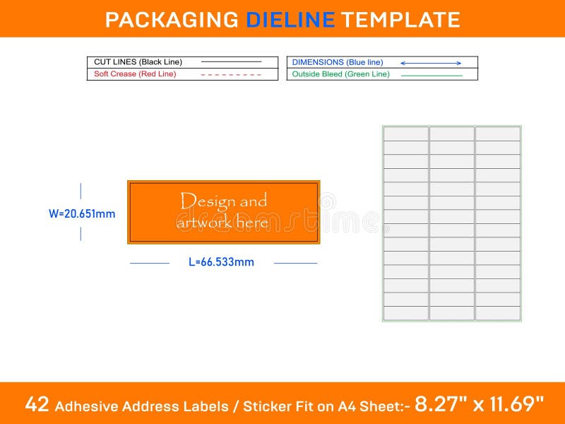 42 Adhesive Address Labels Dieline Template 66.533 X 20 Stock Vector ...
