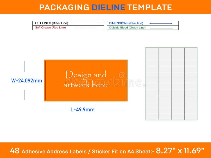 48 Adhesive Address Labels Dieline Template 49.9 X 24.092mm Stock ...