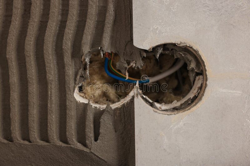 Adhesive Mix, Tile and Socket Hole with Wires on Wall, Closeup. Space ...