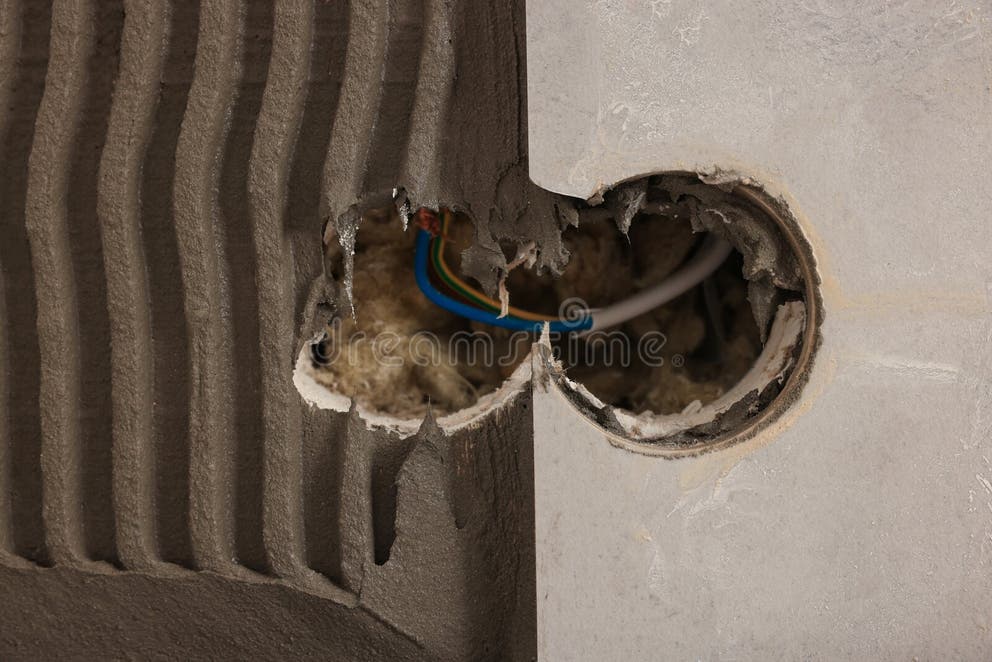 Adhesive Mix, Tile and Socket Hole with Wires on Wall, Closeup. Space ...