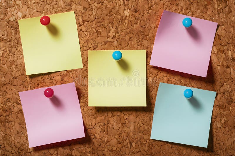 Adhesive Notes, Yellow and Pink, on Corkboard, Round Push Pins ...