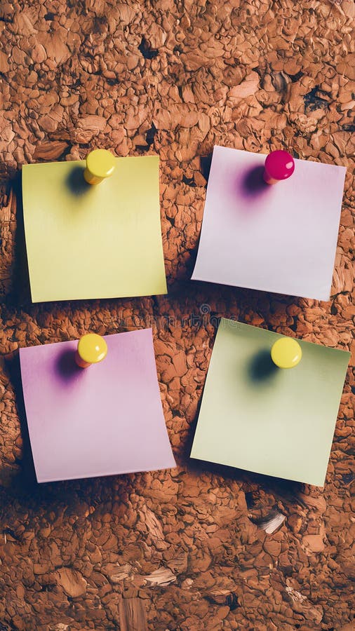 Adhesive Notes, Yellow and Pink, on Corkboard, Round Push Pins ...