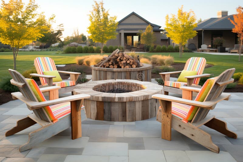 Adirondack Chairs Made of Reclaimed Wood, Set Around a Fire Pit Stock ...