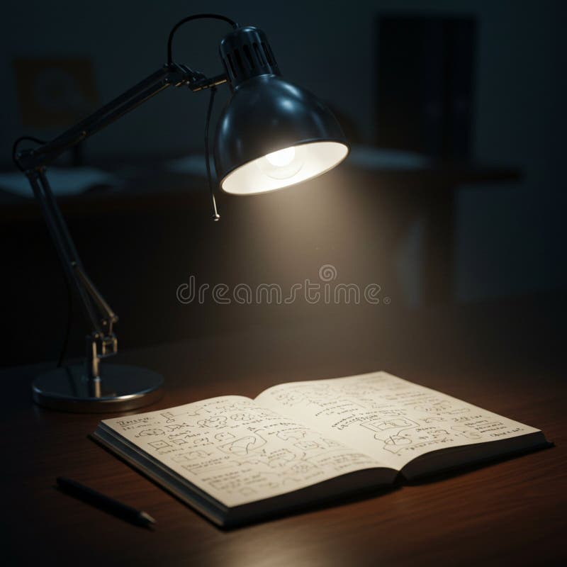An Adjustable Desk Lamp Illuminates an Open Notebook Filled with ...
