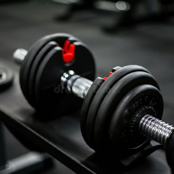 Adjustable Dumbbell on a Flat Bench, Featuring Multiple Black Weight ...