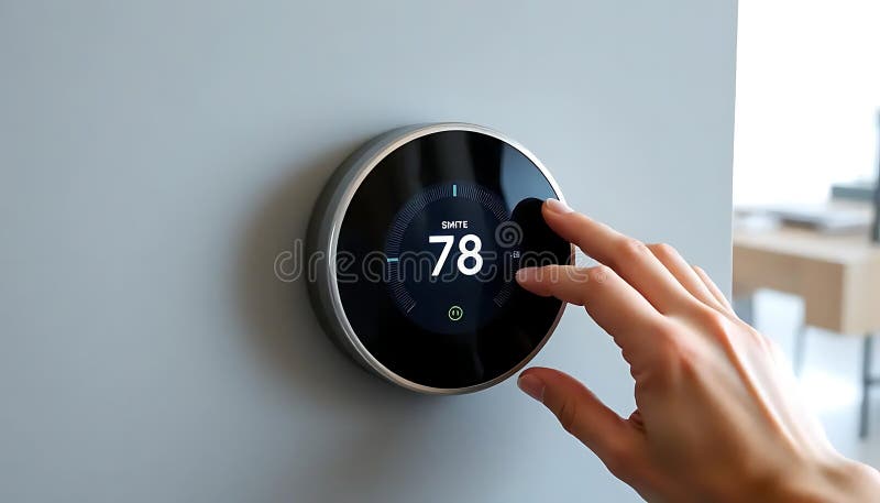 Adjusting Round Thermostat Setting with Hand on Wall Stock Image ...