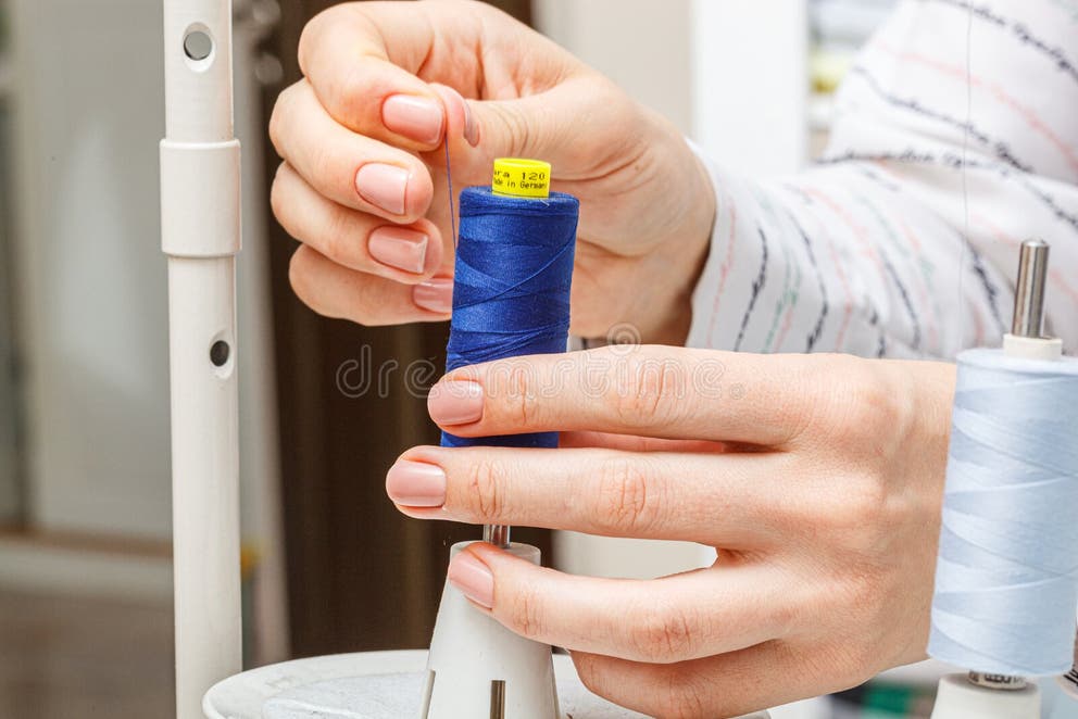 Adjusting the Sewing Machine, Threads in Female Hands Stock Photo ...