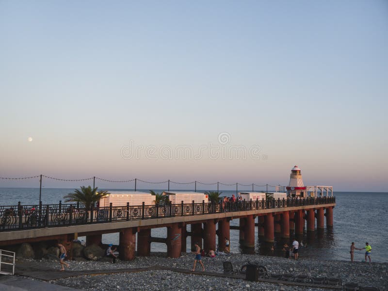 Adler City/ Russia - August 2019: Sunset, Lighthouse in the Seafront of ...
