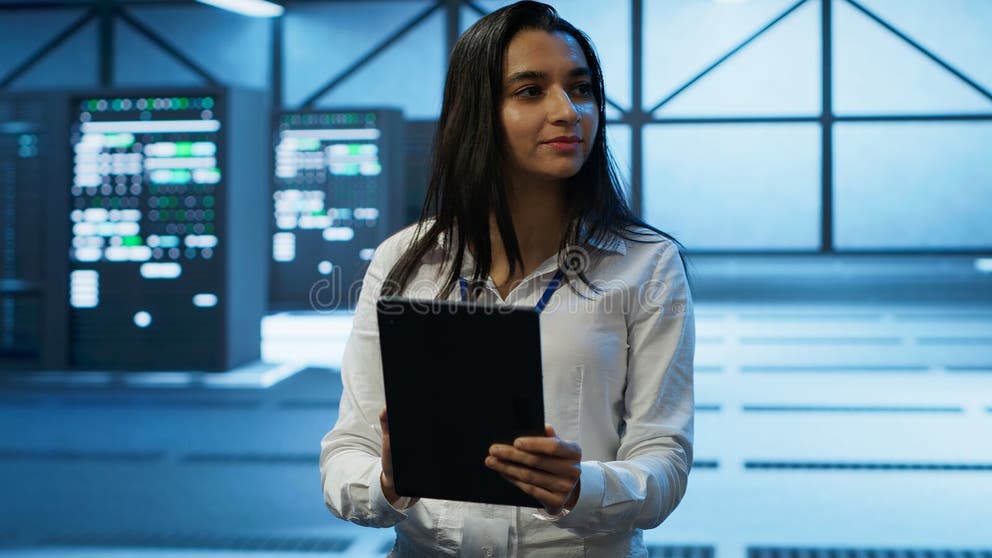 Admin in Data Center Monitoring Security Threats with Tablet Stock ...