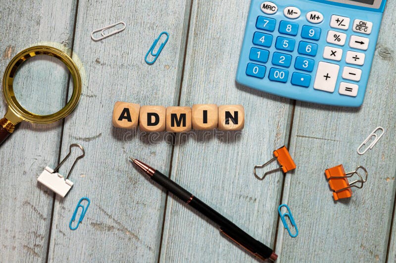 Admin Inscription on Wooden Cubes on a Stack of Books on the Table ...