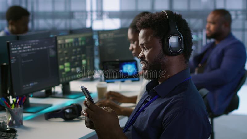 Data Center it Expert Texting on Smartphone, Taking Break Stock Footage ...