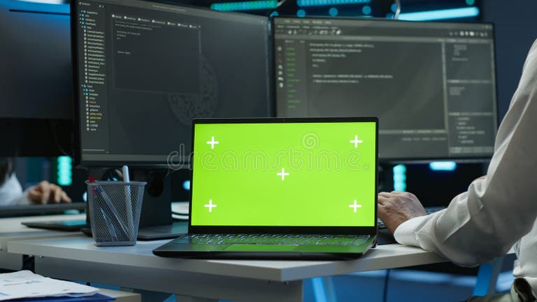 Admin Uses Mockup Notebook in Server Hub Stock Image - Image of servers ...
