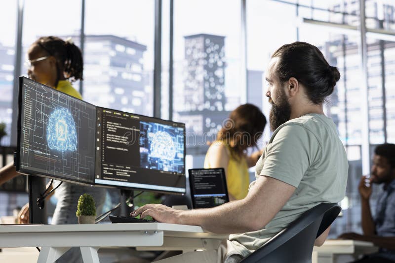 Admin Using Computer For Artificial Intelligence Computing Stock Image