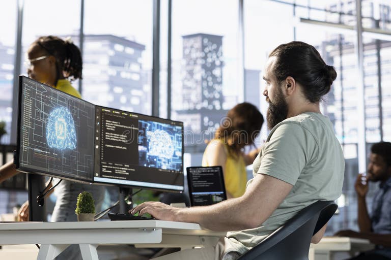 Admin Using Computer For Artificial Intelligence Computing Stock Image Image Of Code