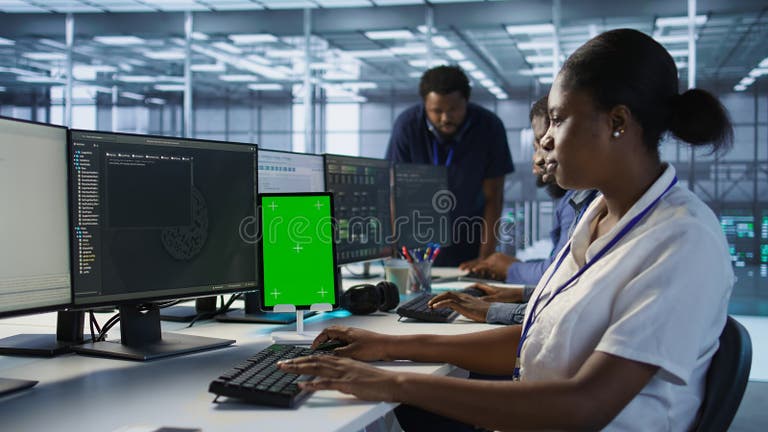 Admin Using Isolated Screen Tablet, Working in Server Farm Stock Photo ...