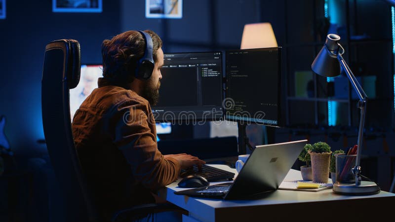 It Admin Using Multimonitor Desktop Setup and Notebook To Finish Tasks ...