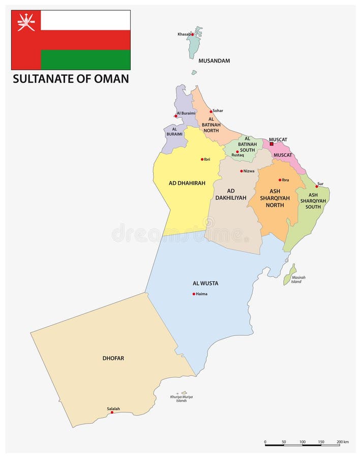 Administrative Map of Sultanate of Oman with Flag Stock Vector ...