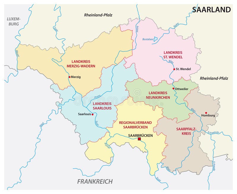 Map of the State of Saarland with the Most Important Cities in German ...
