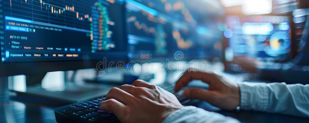Administrator Typing Quickly on Keyboard in Front of a Computer Monitor ...