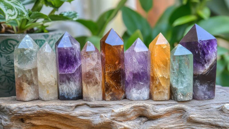Admire these Colorful Crystal Points Arranged on Wood Stock ...