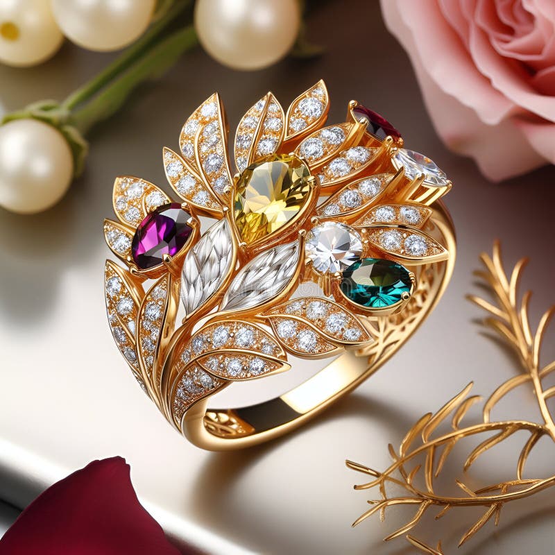 Gemstone Harmony: Ring with Pine Leaf Design and Diamonds. Stock ...