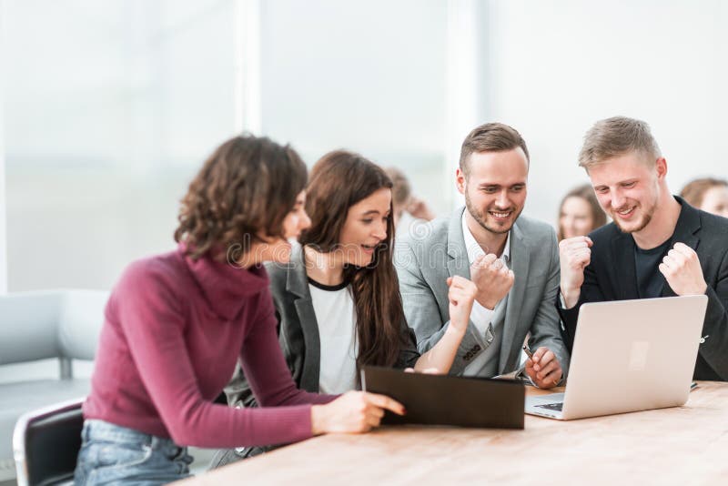 Admiring Group of Employees Looking at Laptop Screen Stock Image ...