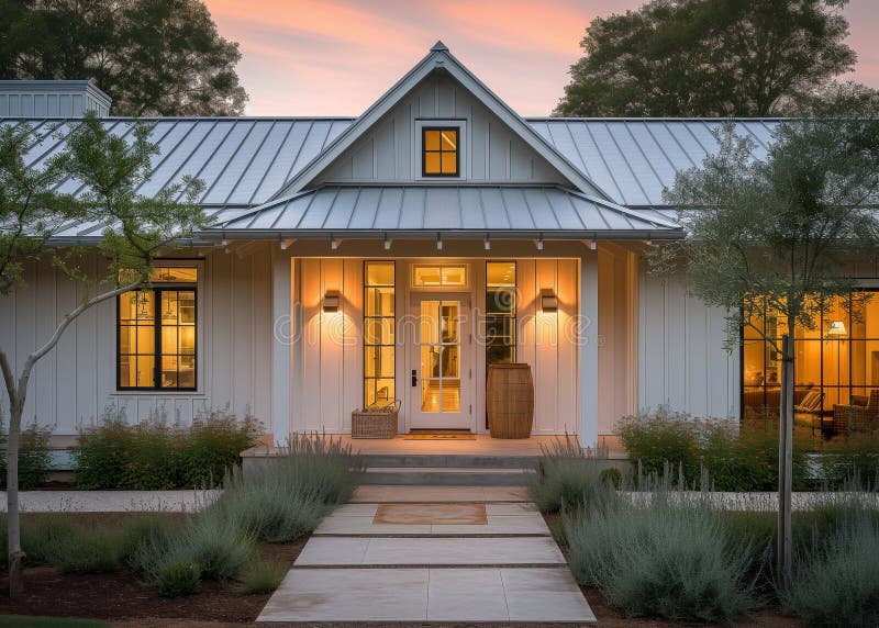 A White Modern Farmhouse at Sunset. Stock Illustration - Illustration ...