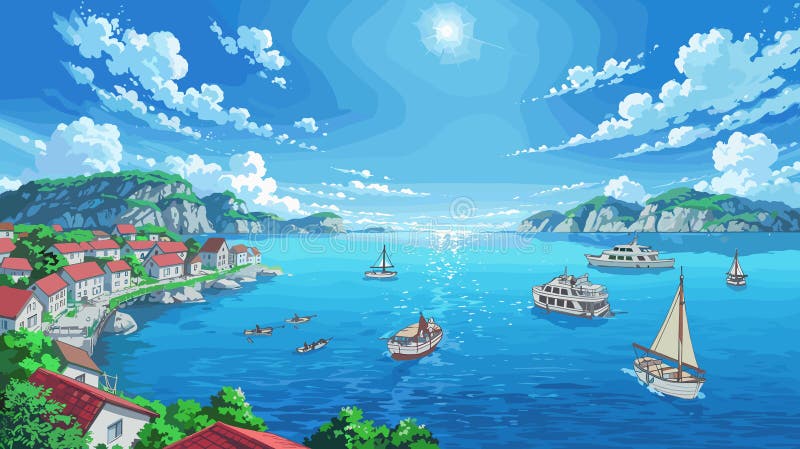 Coastal Town Bay Boat Landscape Stock Vector - Illustration of stylized ...