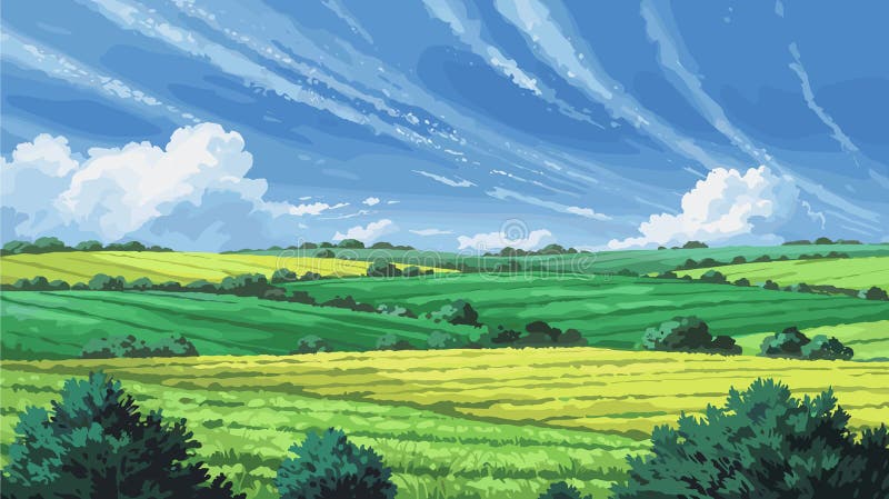Rolling Fields with Trees and Cloudy Sky Stock Vector - Illustration of ...