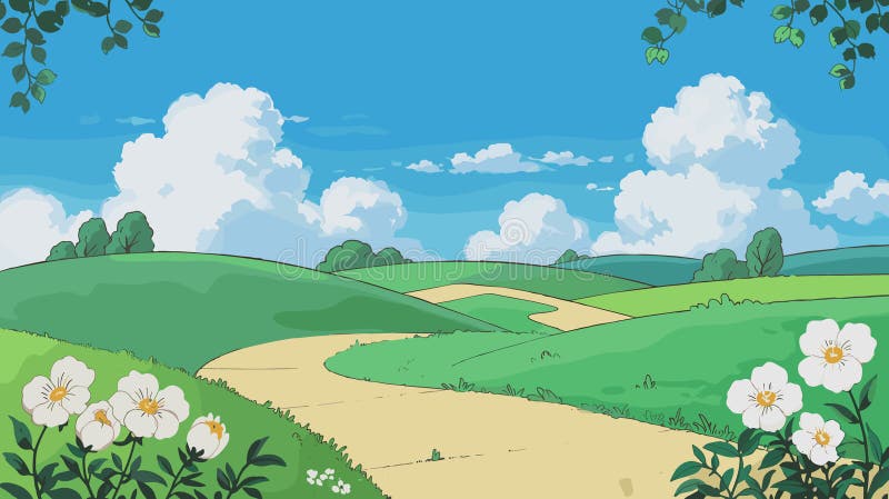 Cartoon Landscape with Green Hills and Path Stock Vector - Illustration ...