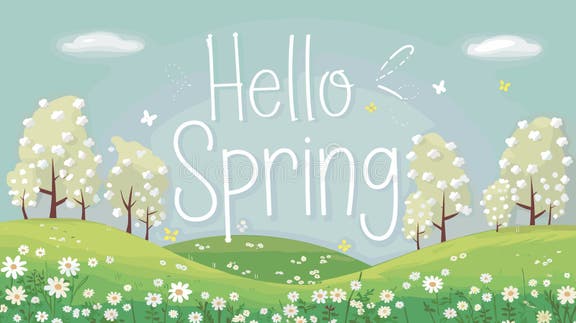 Hello Spring Landscape with Blossoming Trees and Butterflies Stock ...