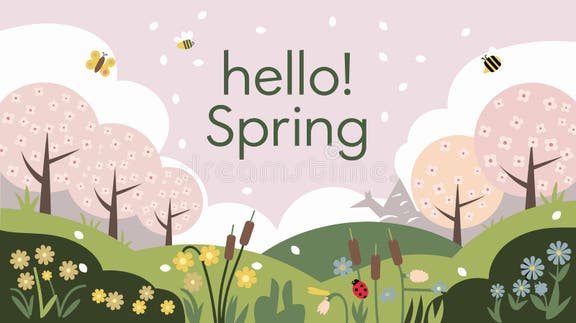 Hello Spring Landscape with Blossoms and Insects Stock Vector ...