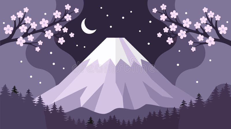 Mount Fuji at Night with Cherry Blossoms Stock Vector - Illustration of ...