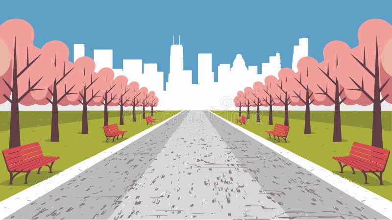 Park Pathway with Cherry Blossoms and Cityscape Stock Vector ...