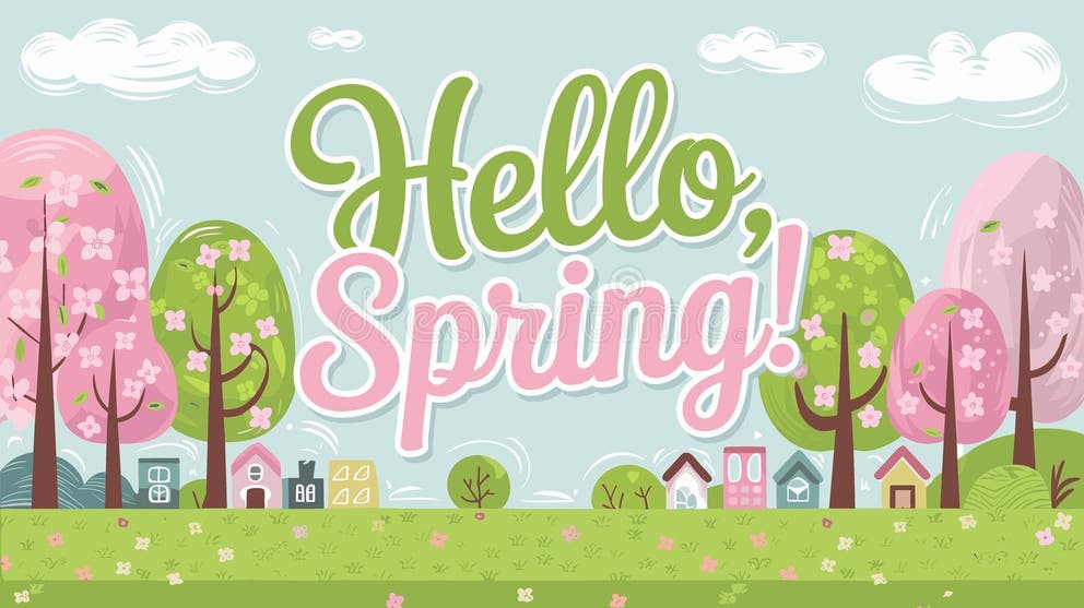 Hello Spring Landscape with Houses and Trees Stock Vector ...