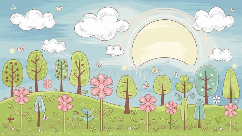 Stylized Spring Landscape with Trees and Flowers Stock Vector ...
