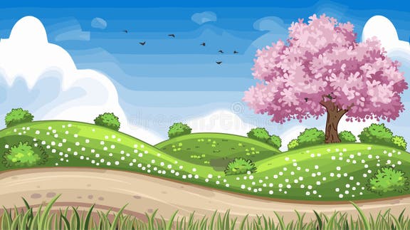 Cartoon Spring Landscape with Pink Blossomed Tree Stock Vector ...