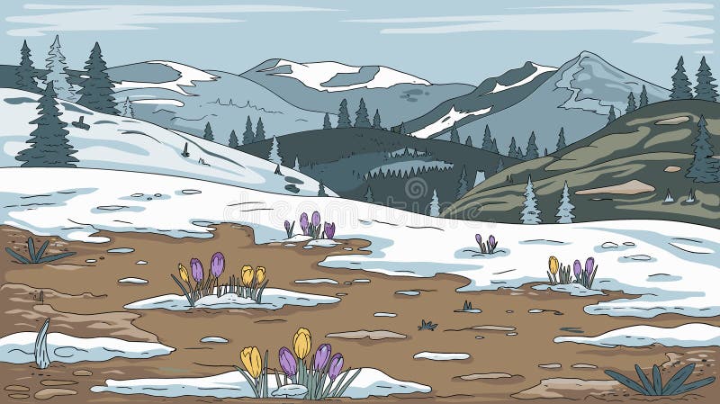 Spring Thaw with Crocuses and Snowy Mountains Stock Vector ...