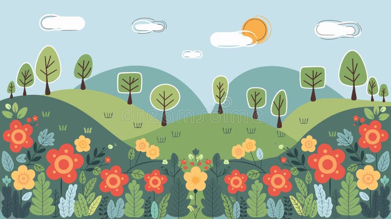 Spring Landscape with Flowers and Trees Stock Vector - Illustration of ...