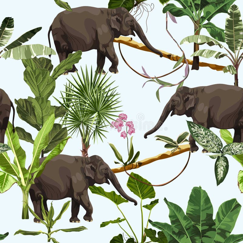 Wild Animals Tropical Pattern. Rhino, Monstera Seamless Pattern ...