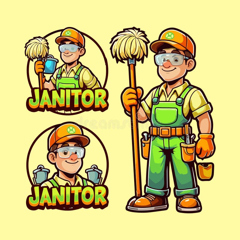 Creative Janitor Character with Mop Mascot Logo Character Cartoon ...